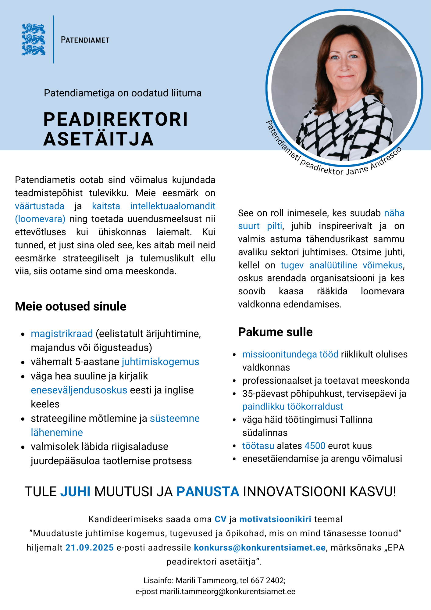 Peadirektori asetäitja, Patendiamet | CV.ee
