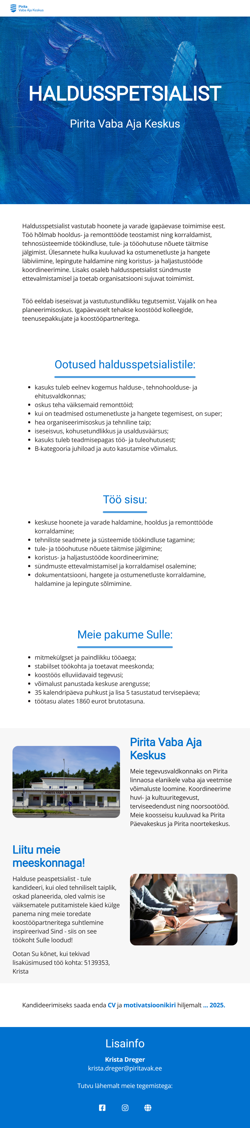 HALDUSSPETSIALIST, Pirita Vaba Aja Keskus | CV.ee