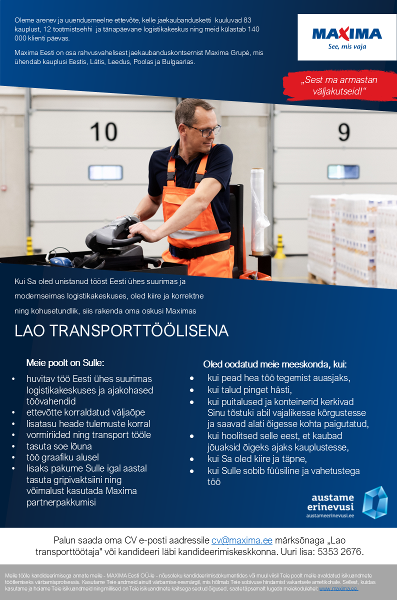 Lao Transporttöötaja Maxima Logistikakeskuses, MAXIMA Eesti OÜ | CV.ee
