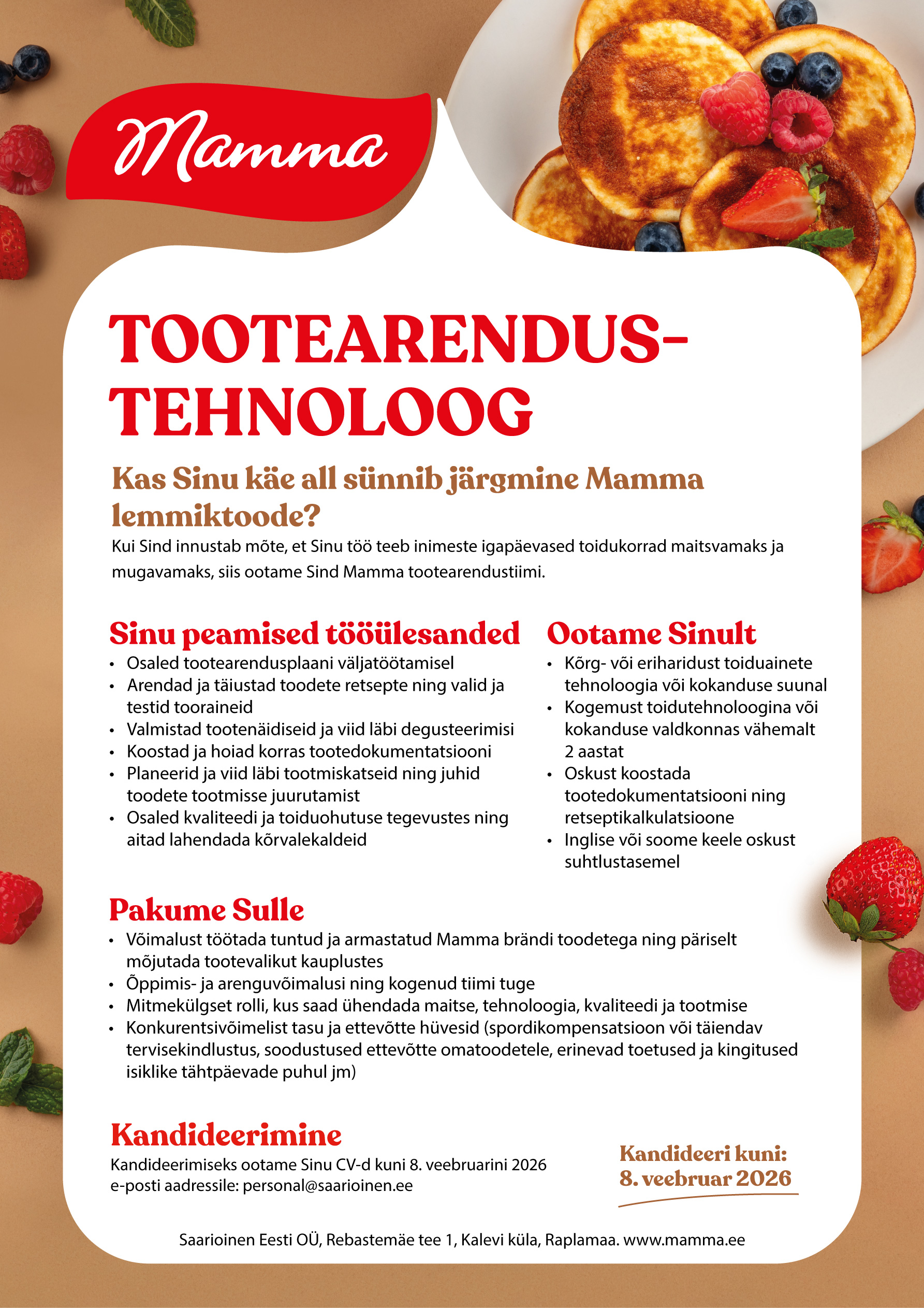 Tootearendustehnoloog, Saarioinen Eesti OÜ | CV.ee