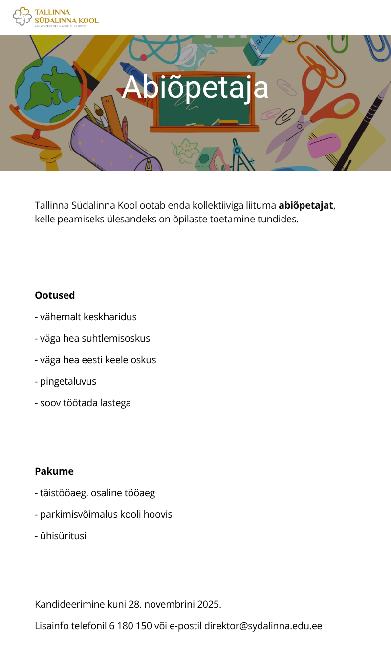 Abiõpetaja, Tallinna Südalinna Kool | CV.ee