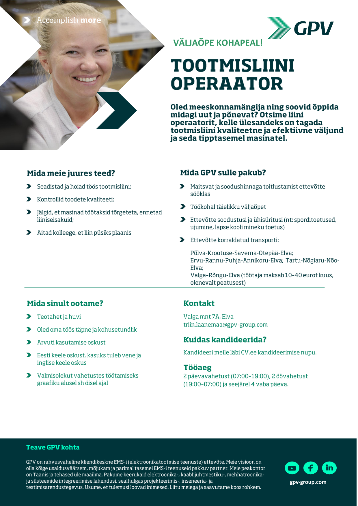 Tootmisliini operaator, GPV Estonia AS | CV.ee